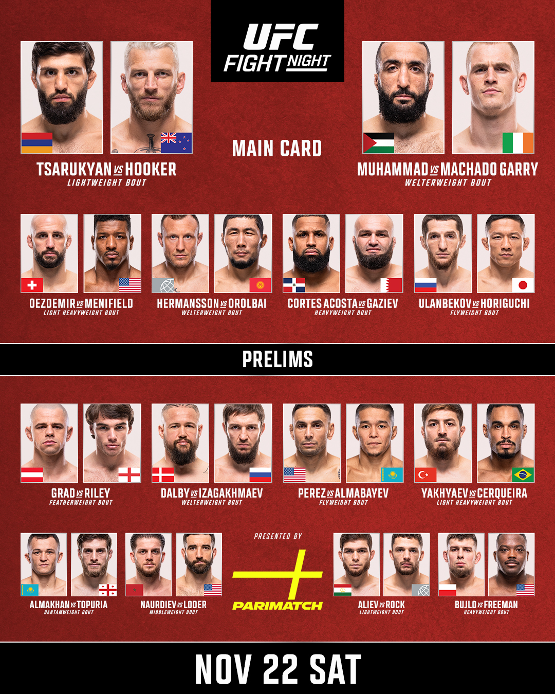 2025年11月22日UFC格斗之夜 – 直播[赛后视频] UFC Qatar/UFC Fight Night 265 – Tsarukyan ...