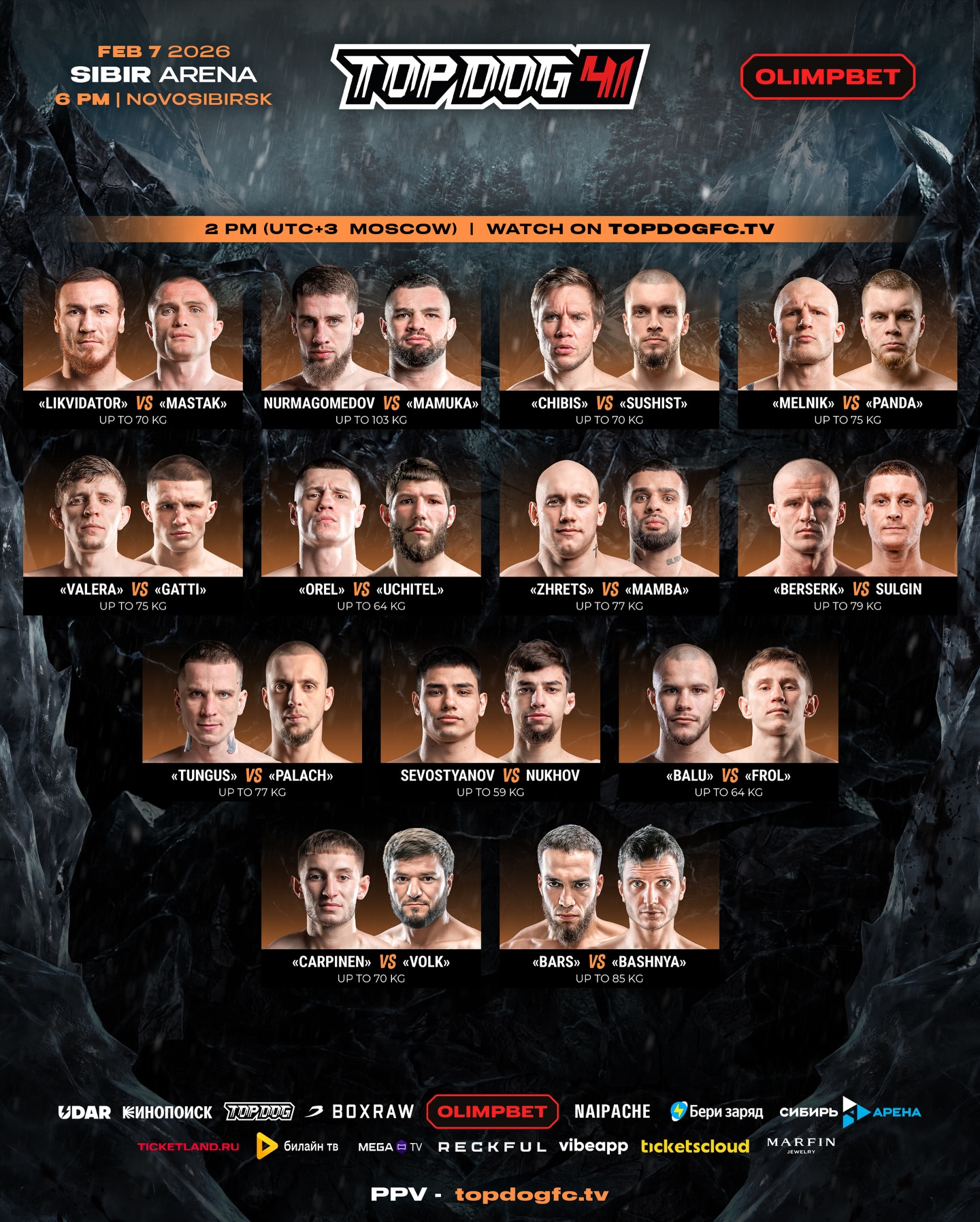 2026年2月7日TOP DOG 41 – 战卡[赛后视频] 俄罗斯裸拳赛事TOP DOG FIGHTING CHAMPIONSHIP