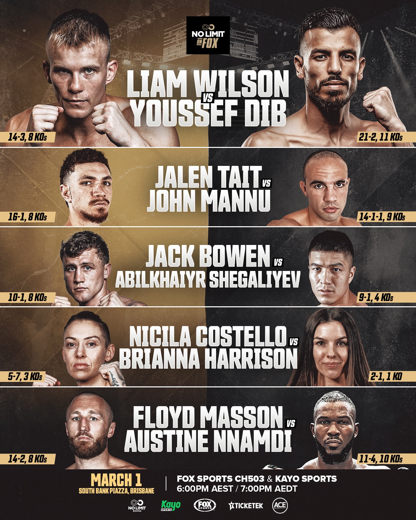 2025年3月2日No Limit Boxing拳赛 – 战报[赛后视频] Liam Wilson vs Youssef Dib 2: No Limit On Fox