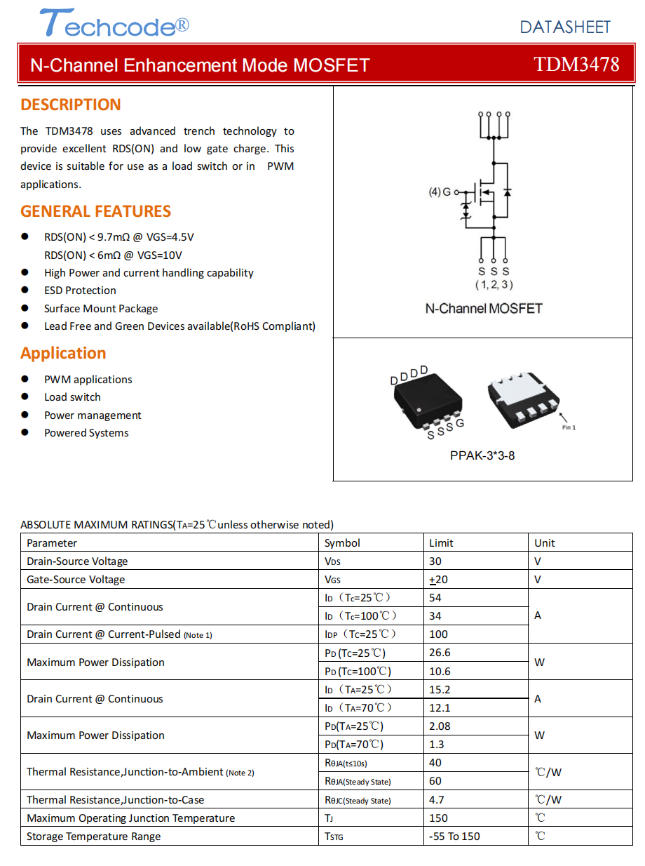 TDM3478 PPAK-3*3-8 N-通道增强模式MOSFET