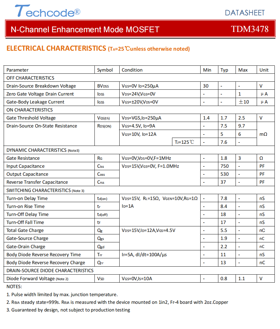 TDM3478 PPAK-3*3-8 N-通道增强模式MOSFET
